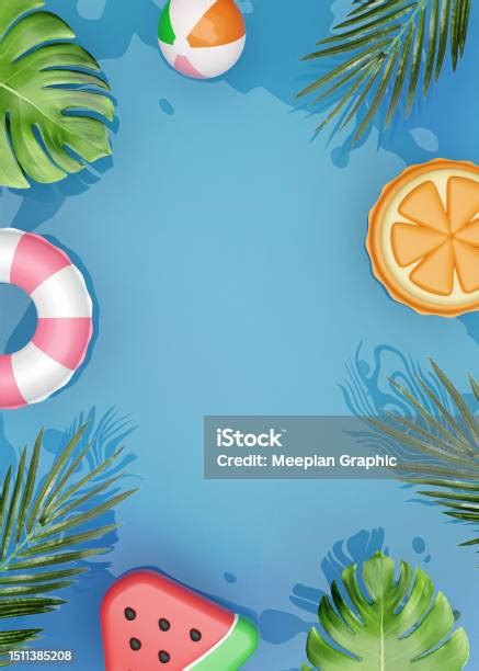 재미있는 수영장이 가득한 여름 수영장 타일로 된 수영장 배경에서 물 위에 떠 있습니다 배너 전단지 초대장 브로셔를 위한 여름 휴가 디자인 템플릿입니다 3d 렌더링 그림 풀