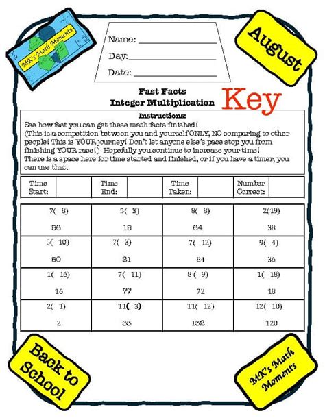Fast Facts Integer Multiplication Back To School Theme By Mks Math Moments