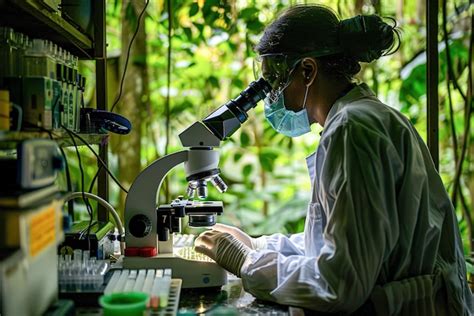 A Scientist Studying Microorganisms Under A Microscope In A Rainforest