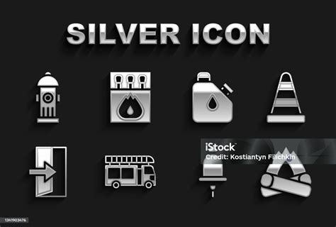 설정 소방차 교통 콘 캠프 파이어 울리는 알람 벨 출구 캐니스터 연료 소화전 및 성냥갑 및 일치 아이콘 벡터 갤런에 대한 스톡 벡터 아트 및 기타 이미지 Istock