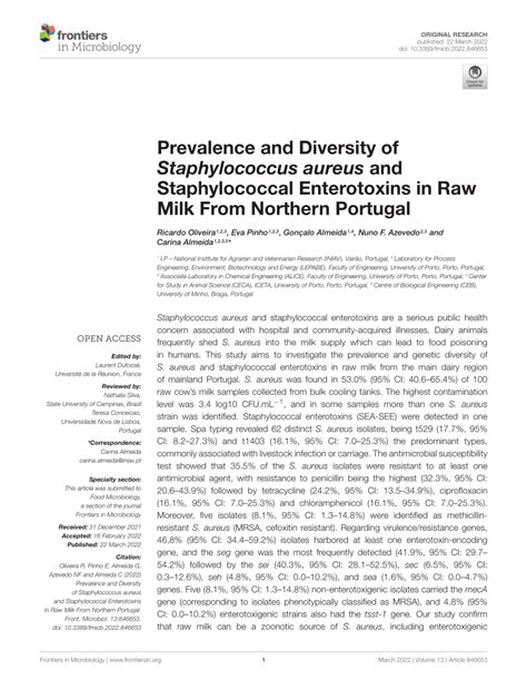 Pdf Prevalence And Diversity Of Staphylococcus Aureus And Staphylococcal Enterotoxins In Raw