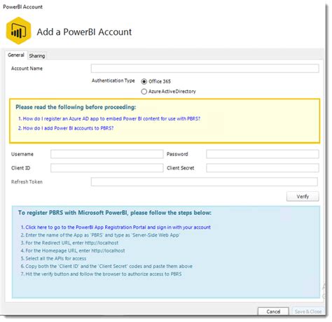 how do i add power bi accounts to pbrs
