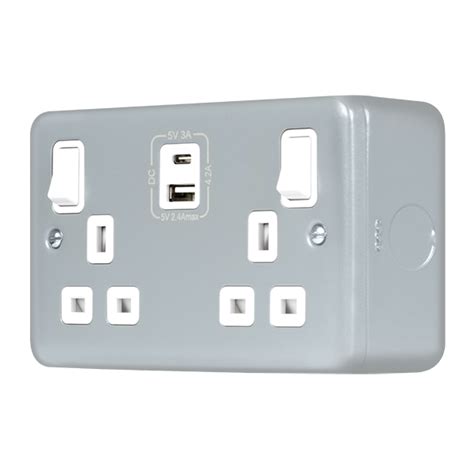 Click Metal Clad Pro Grey 13a 2 Gang Switched Socket Outlet With Type A And C Usb 4 2a Outlets
