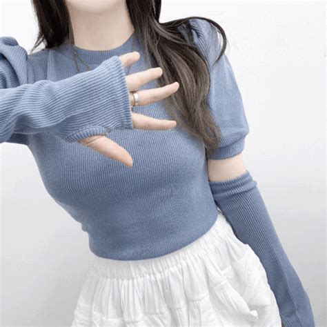 [set상품 여리핏 주문폭주] 퍼프 소매 어깨 셔링 골지 슬림핏 크롭티 핸드 워머 세트 에이블리