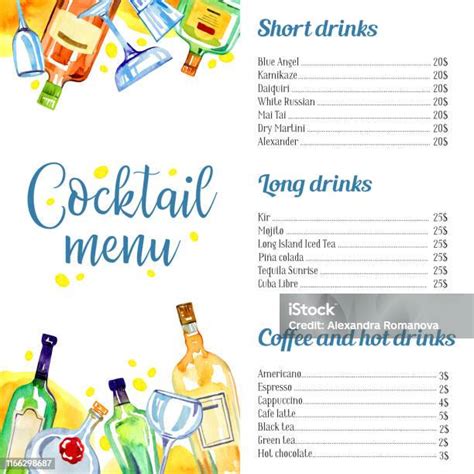 Template Desain Persegi Panjang Menu Bar Dengan Daftar Minuman Warnai Botol Alkohol Kaca Dan