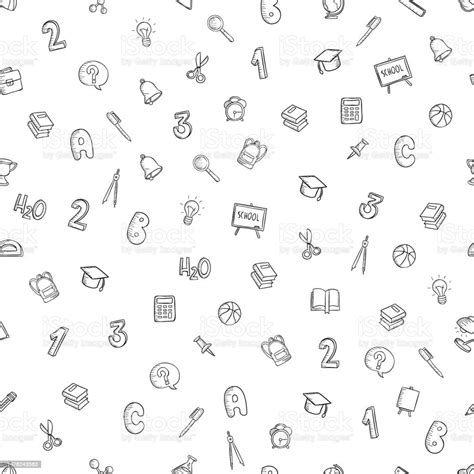 흰색 배경에 매끄러운 벡터 패턴은 웹 디자인 및 타이포그래피를 위한 평면 스타일의 낙서 번호 알람 시계 펜 벨 돋보기 서류 가방 계산기로 되어 있습니다 개념에 대한 스톡