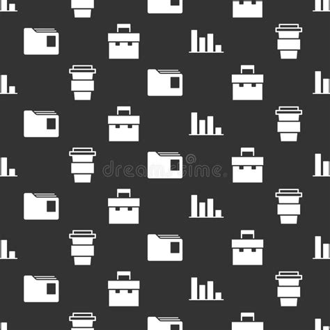 Set Pie Chart Infographic Coffee Cup To Go Document Folder And Briefcase On Seamless Pattern