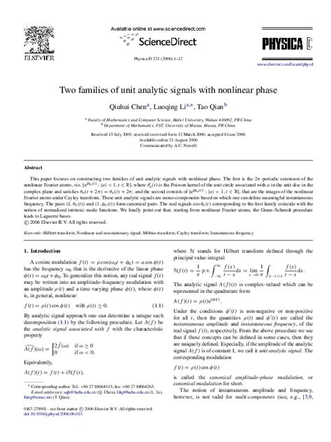 Pdf Two Families Of Unit Analytic Signals With Nonlinear Phase