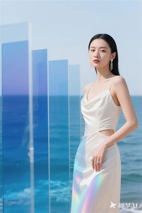 一个亚洲女模特，在海边，礼服，戒指，耳环，画质超高清，32k，电影极致光影，皮肤细节纹理清晰。大光圈，身后海面上立着巨大的几张前后错落整齐摆放透明蓝色渐变色玻璃 5 花瓣网