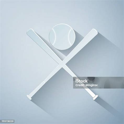 종이 컷 회색 배경에 고립 된 야구 방망이와 공 아이콘을 교차 종이 아트 스타일입니다 벡터 일러스트레이션 3차원 형태에 대한 스톡 벡터 아트 및 기타 이미지 Istock