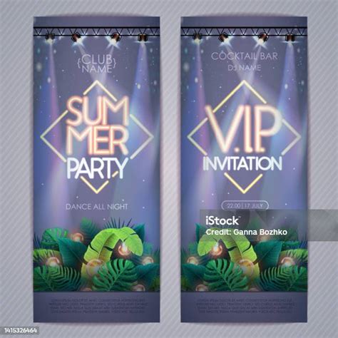 열대 지방의 나뭇잎과 스포트 라이트가있는 여름 열대 디스코 파티 포스터 초대장 디자인 여름 배경 벡터 일러스트 레이 션 건설 프레임에 대한 스톡 벡터 아트 및 기타 이미지