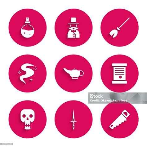 마법 램프 또는 알라딘 단검 손톱 법령 종이 양피지 두루마리 두개골 안개 연기 마녀 빗자루 및 사랑의 묘약 아이콘이 있는 병을