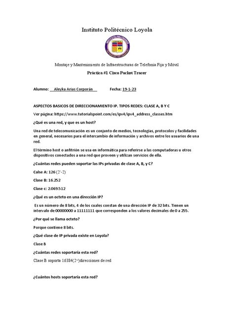 Practica 1 Cisco Packet Tracer Pdf Dirección Ip Informática