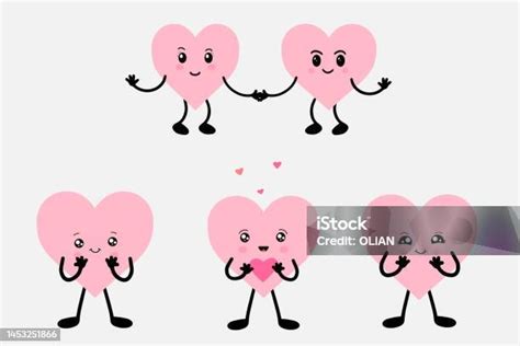 카와이 하트 귀여운 이모티콘 아이콘 세트 손으로 그린 감성 만화 캐릭터 다른 얼굴 재미있는 긍정적 인 감정을 가진 귀여운 사랑 캐릭터 2월에 대한 스톡 벡터 아트 및 기타