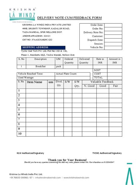 delivery note cum feedback form tyche cast pdf
