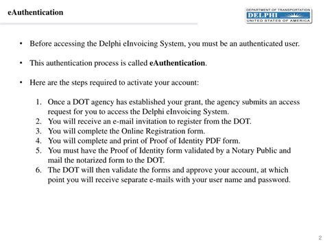 Ppt Delphi Einvoicing System Grant Recipient Authentication And Account Activation Process