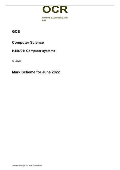 Ocr Gce A Level 2022 Computer Science Markschemes H446 1 Paper 1 H446