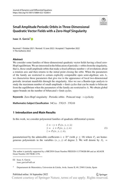 Pdf Small Amplitude Periodic Orbits In Three Dimensional Quadratic