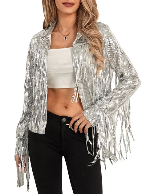 Qtinghua Womens Sequin Long Sleeve Jacket Sparkle Glitter Tassel