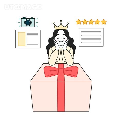 유토이미지 쇼핑몰 인증샷 이벤트 여자 1명이 웃으며 선물상자 앞에서 포즈 취하고 있는 벡터 일러스트 선물 상자 포즈 엽서