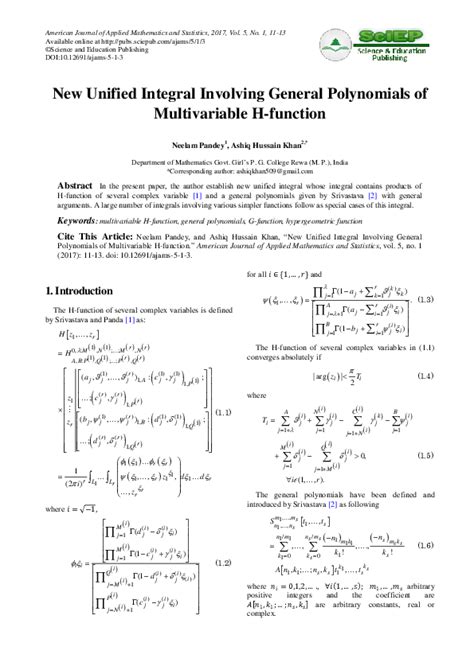 Pdf New Unified Integral Involving General Polynomials Of Multivariable H Function