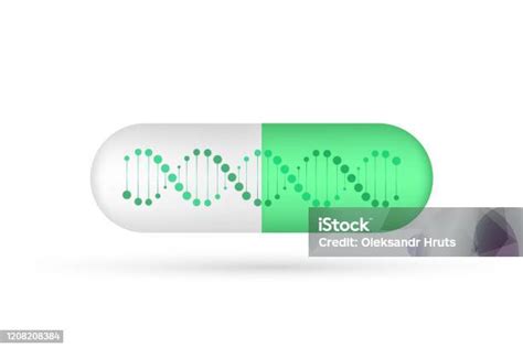 ปิดยาแคปซูลสีเขียวที่มีโครงสร้างโมเลกุลดีเอ็นเอบนพื้นหลังสีขาว ภาพประกอบสต็อกเวกเตอร์ ภาพประกอบ