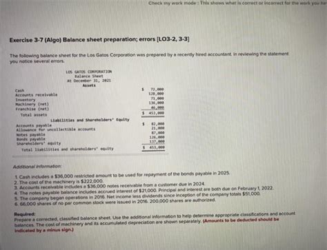 Solved Exercise 3 7 Algo Balance Sheet Preparation Errors