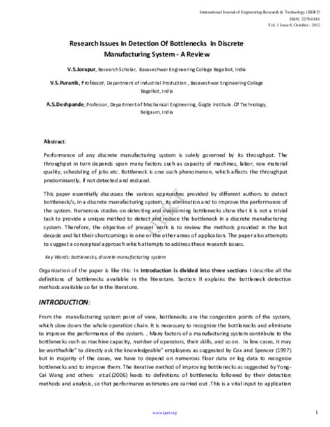 Pdf Research Issues In Detection Of Bottlenecks In Discrete Manufacturing System A Review
