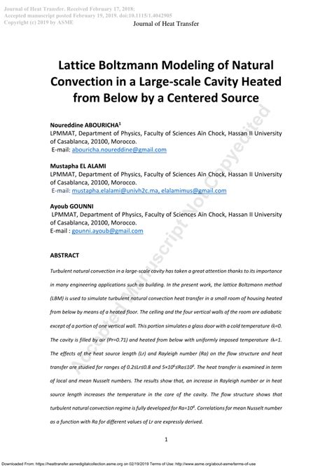 Pdf Lattice Boltzmann Modeling Of Turbulent Natural Convection In A Large Scale Cavity Heated
