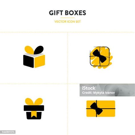 인사말 상자의 벡터 아이콘 집합입니다 간단하고 간결한 선물 상자 세트 흰색 배경에 상자 검은 리본으로 묶여 있습니다 로고 브랜드 회사에 대 한 라벨 선물 상자 패키지 개념에