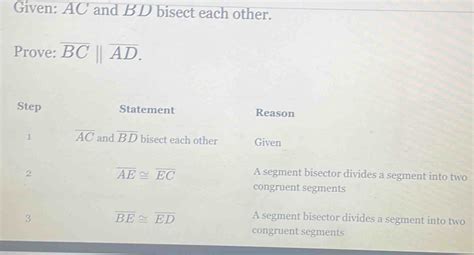 given ac and bd bisect each other prove overline bc overline ad