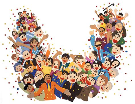 集団イラスト 紙吹雪でお祝いをする楽しげな大勢の人々