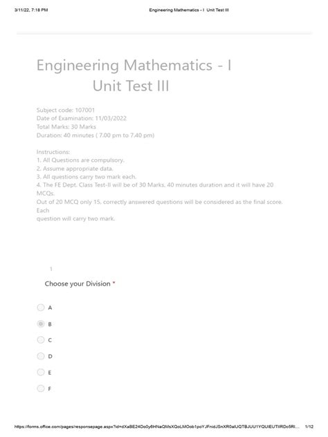 Engineering Mathematics I Unit Test Iii Pdf Multiple Choice Tests