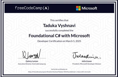 Excited To Announce My Completion Of The Microsoft And Freecodecamp C Certification Vyshnavi