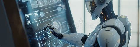 A Futuristic Humanoid Robot Interacts With A Large Touchscreen Interface Displaying Various Ai