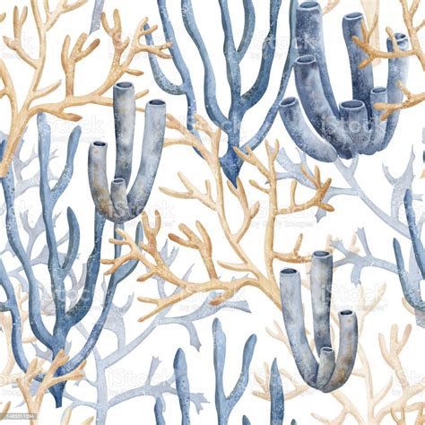 산호초는 고립된 배경에 매끄러운 패턴입니다 손으로 그린 해초와 조류의 수채화 그림은 항해 스타일의 장식을 위해 그려져 있다 섬유 디자인 또는 종이를 위한 수중 배경 또는