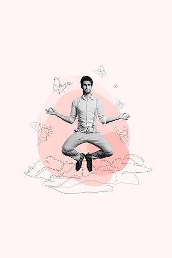 복합 트렌드 아트 워크 3d 스케치 이미지 콜라주 Copyspace의 미니어처 젊은 남자 요가 선 공중 부양 야외에서 나비 자연 여름 편하게 하다 25 29세에 대한 스톡