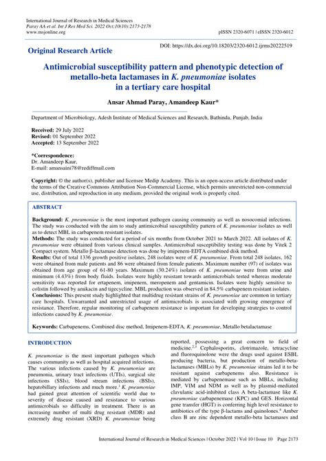 Pdf Antimicrobial Susceptibility Pattern And Phenotypic Detection Of Metallo Beta Lactamases