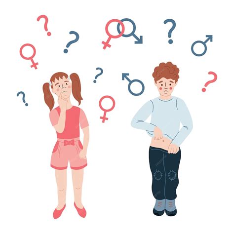 소녀와 소년 캐릭터 물음표 배경 벡터 일러스트 레이 션에 남성과 여성의 기호와 아이 평면 개념을위한 성교육 프리미엄 벡터