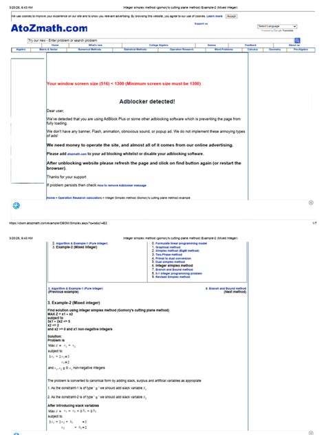 Integer Simplex Method Gomorys Cutting Plane Method Example 2 Mixed Integer Pdf Linear