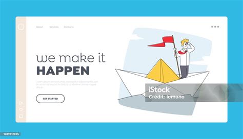 리더십 지침 계획 전략 방문 페이지 템플릿 바다에서 캐릭터 항해 보트 붉은 깃발을 가진 사업가 개념에 대한 스톡 벡터 아트 및