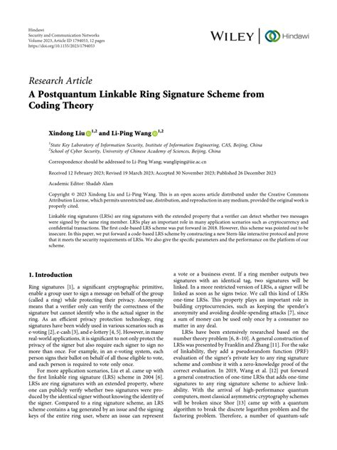 Pdf A Postquantum Linkable Ring Signature Scheme From Coding Theory