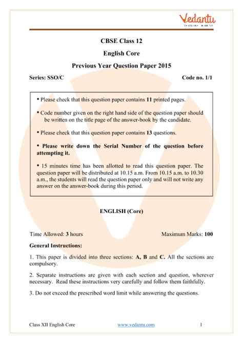 Previous Year English Core Question Paper For Cbse Class 12 2015