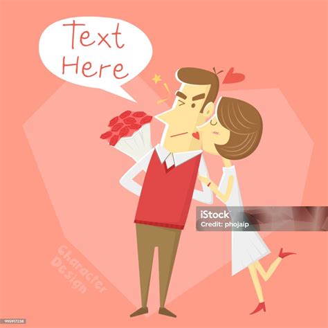 Cinta Pasangan Kartun Karakter Desain Dalam Ciuman Indah Pada Aksi Pipi Gadis Berciuman Dengan