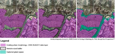 illustration of how the variable buffer captures areas of urban green