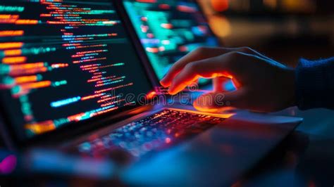 programmer coding on a laptop in a vibrant workspace stock image