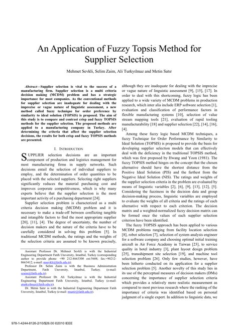 Pdf An Application Of Fuzzy Topsis Method For Supplier Selection