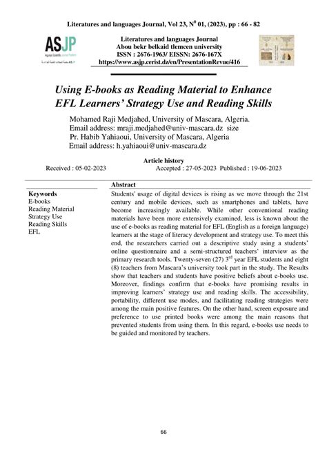 Pdf Using E Books As Reading Material To Enhance Efl Learners Strategy Use And Reading Skills