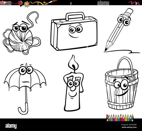 Black And White Cartoon Illustration Of Funny Objects Characters Clip Art Set Coloring Book Page