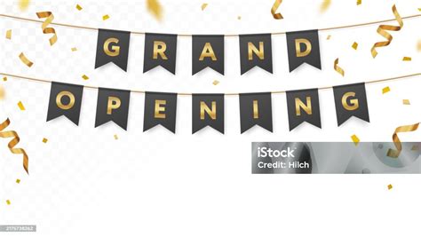골든 그랜드 오프닝 초대장 템플릿 스트리머 매달려 화환 현실적인 파티 종이 깃발 황금 배너 색종이 리본 축하 멧새 모형 개념입니다 0명에 대한 스톡 벡터 아트 및 기타